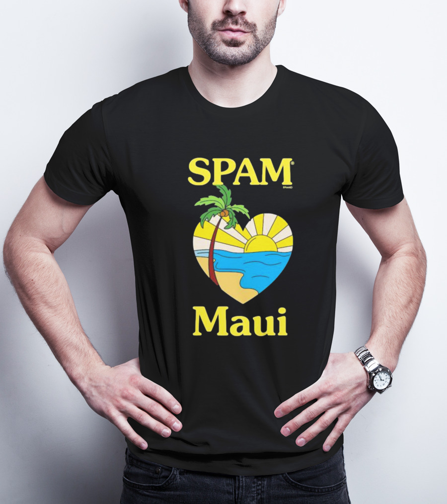 SPAM Brand Maui Heart Beach Sunset And Palm Tree T-Shirt