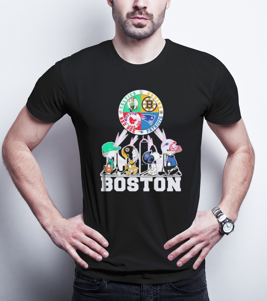 Boston Celtics Bruins Red Sox Patriots Peanuts Characters T-Shirt