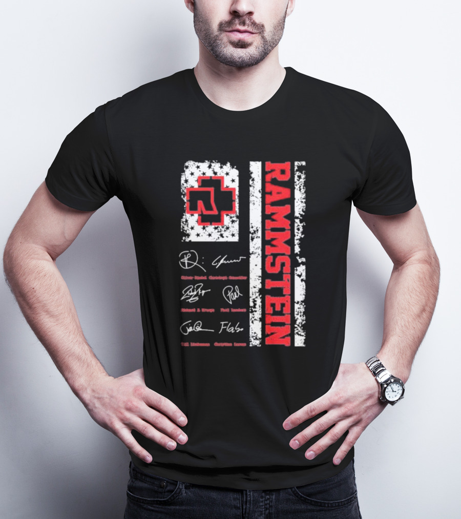 Rammstein Logo With Band Member Signatures And Cross T-Shirt