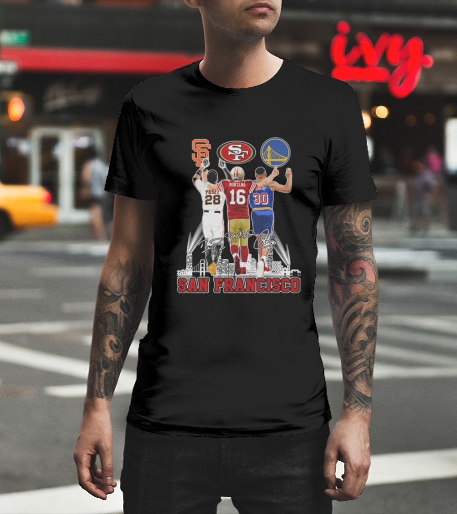 San Francisco Giants 49ers Warriors Buster Posey Joe Montana Stephen Curry Signatures T-Shirt