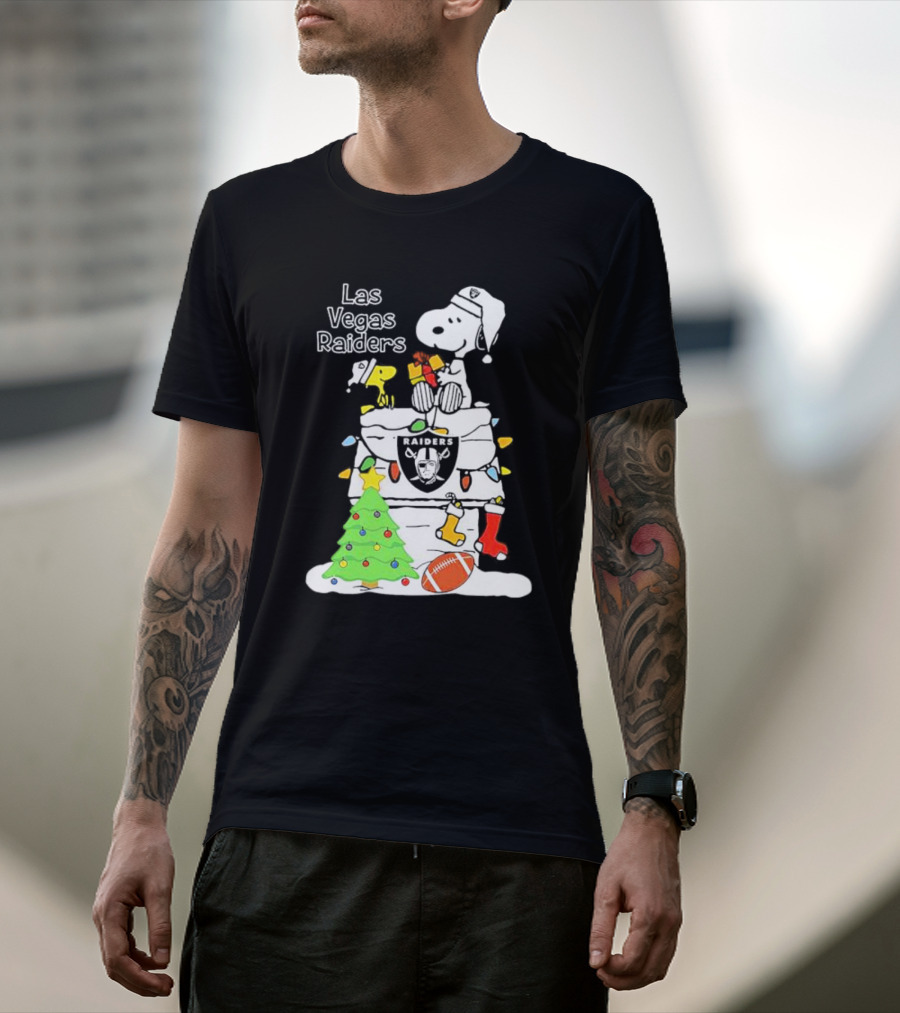 Las Vegas Raiders NFL Christmas Snoopy And Woodstock With Tree And Football T-Shirt