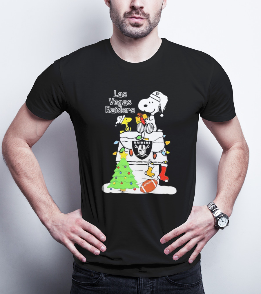 Las Vegas Raiders NFL Christmas Snoopy And Woodstock With Tree And Football T-Shirt
