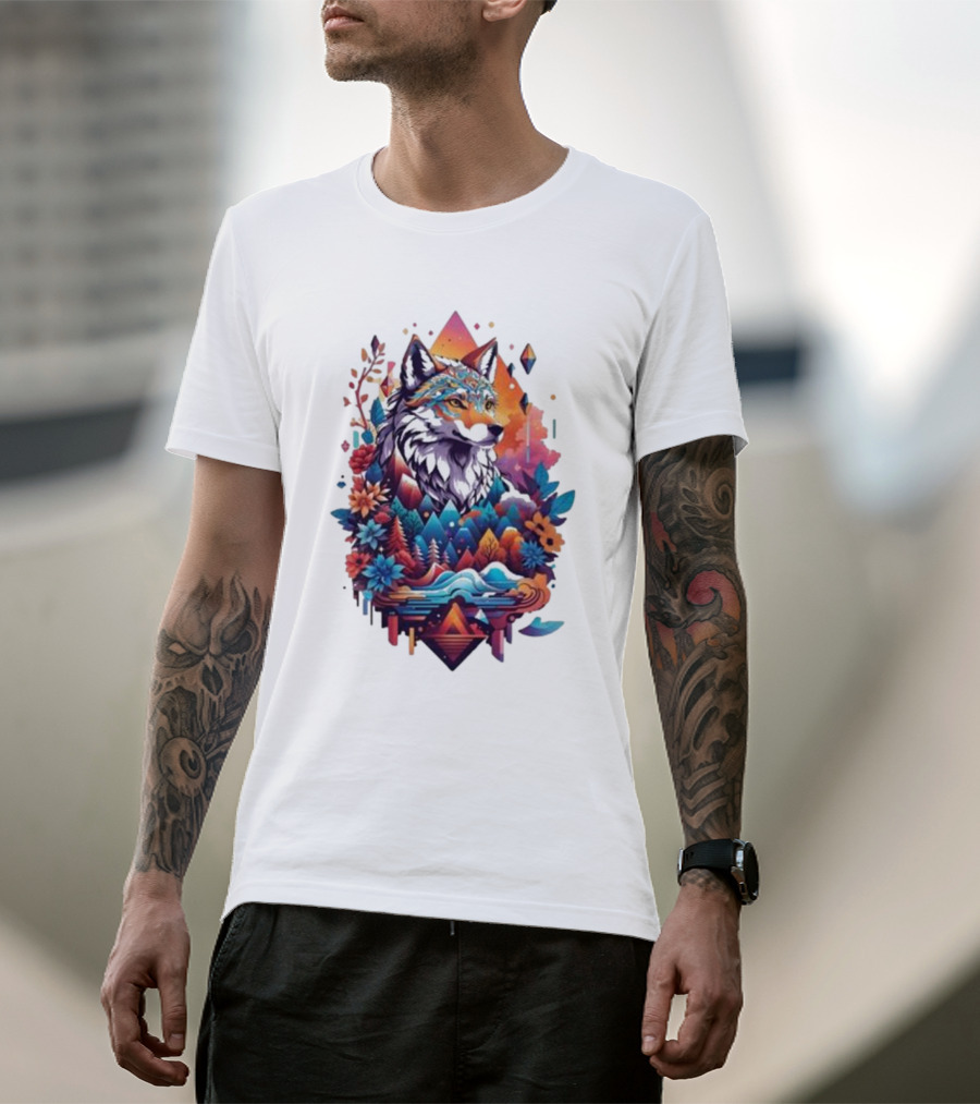 Colorful Geometric Wolf With Mountains And Flowers T-Shirt