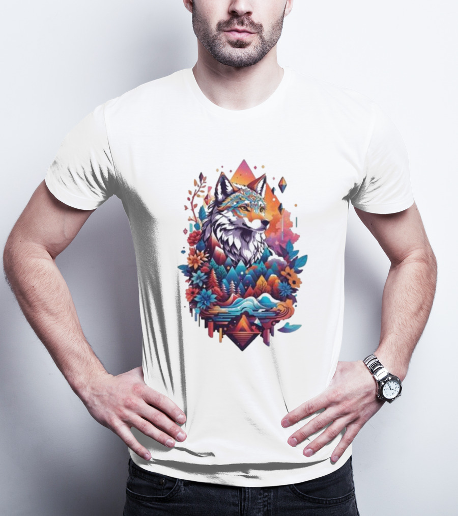 Colorful Geometric Wolf With Mountains And Flowers T-Shirt