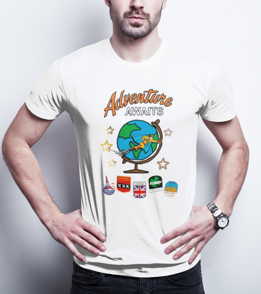 Adventure Awaits One Cent Travel Club Globe Paris Amsterdam London USA Icons T-Shirt