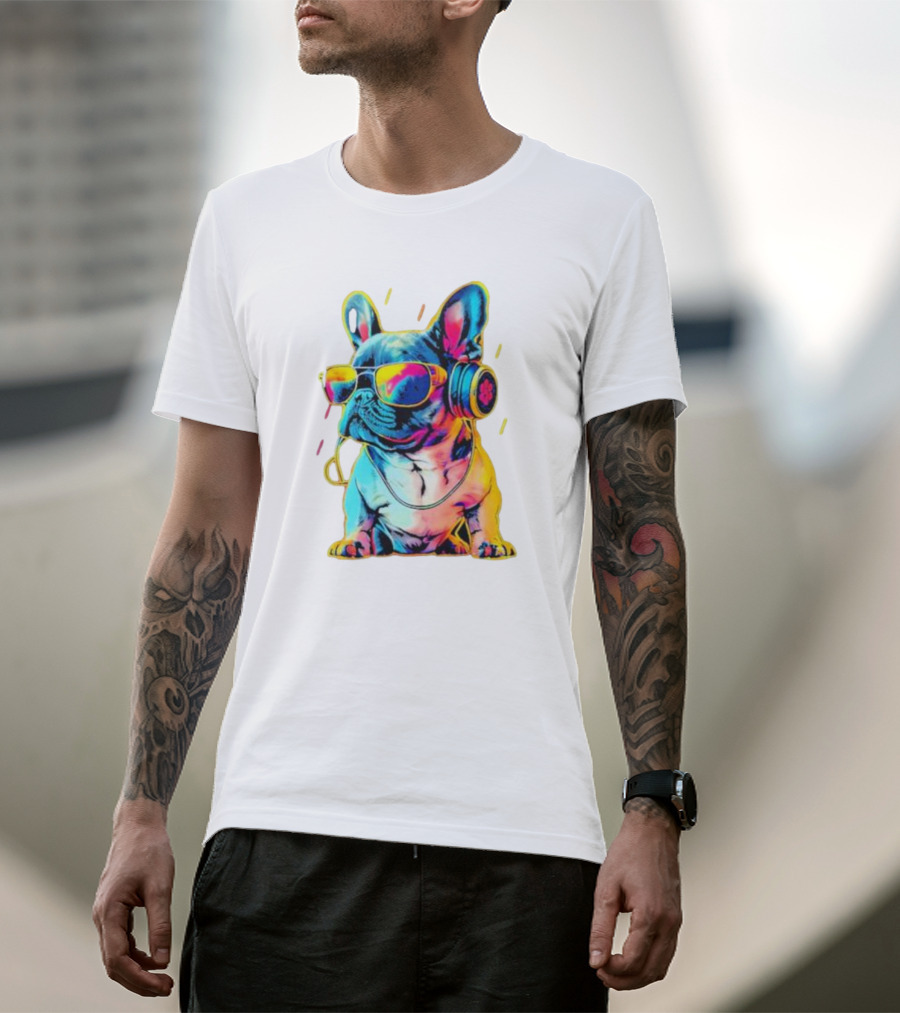 Bulldog Neon Headphones Vibrant Colors T-Shirt