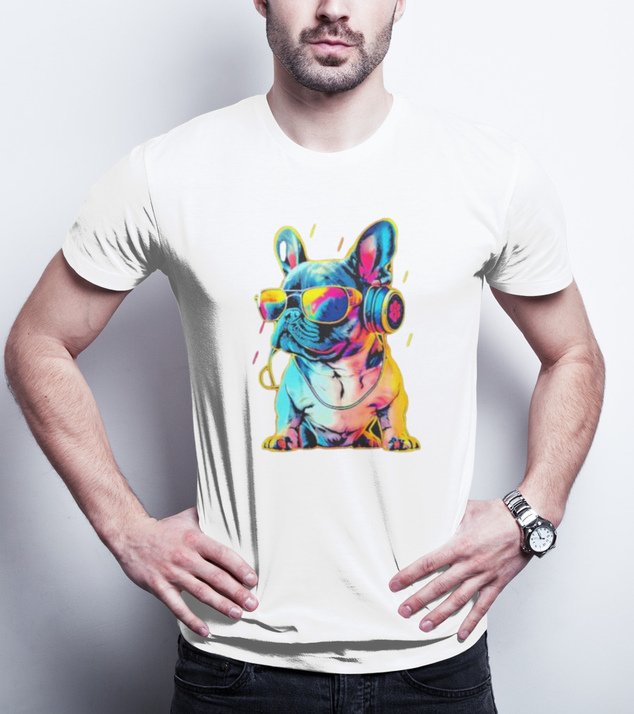 Bulldog Neon Headphones Vibrant Colors T-Shirt