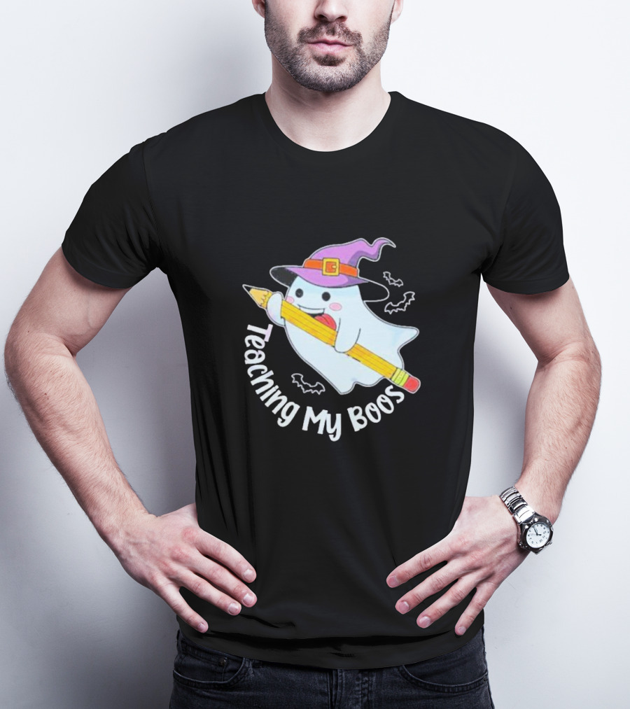 Teaching My Boos Halloween Ghost Funny Teacher Witch Hat Bat Pencil T-Shirt