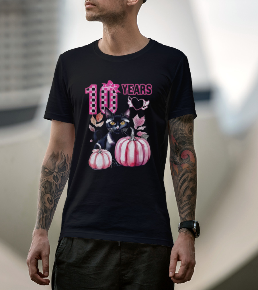10 Years Black Cat Pink Pumpkin Birthday T-Shirt