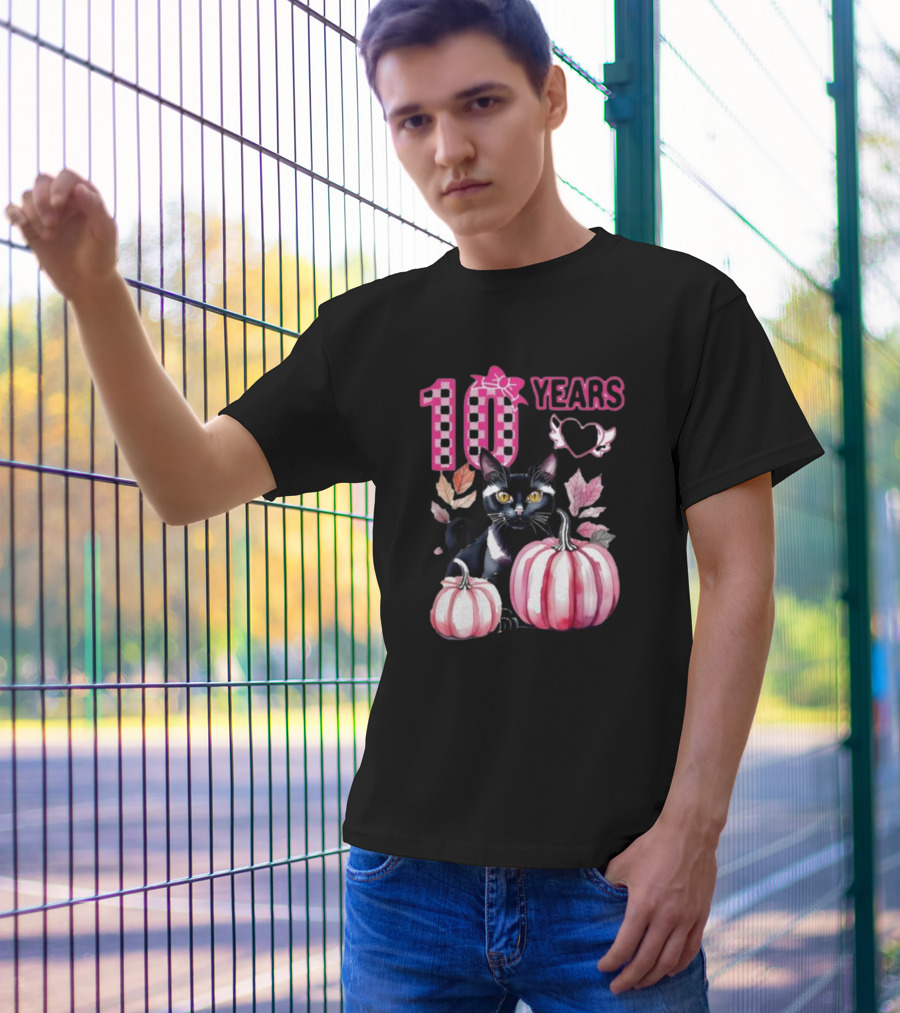 10 Years Black Cat Pink Pumpkin Birthday T-Shirt