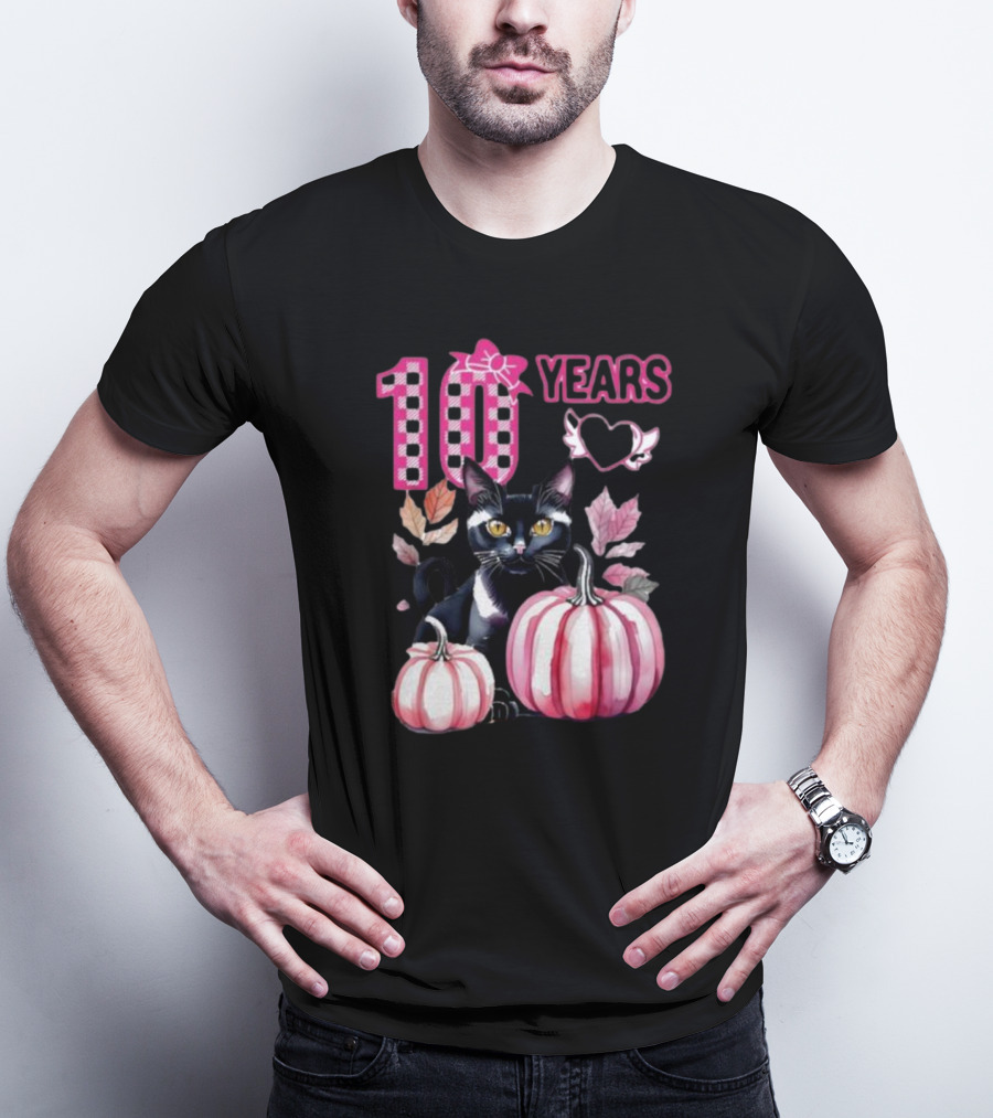 10 Years Black Cat Pink Pumpkin Birthday T-Shirt