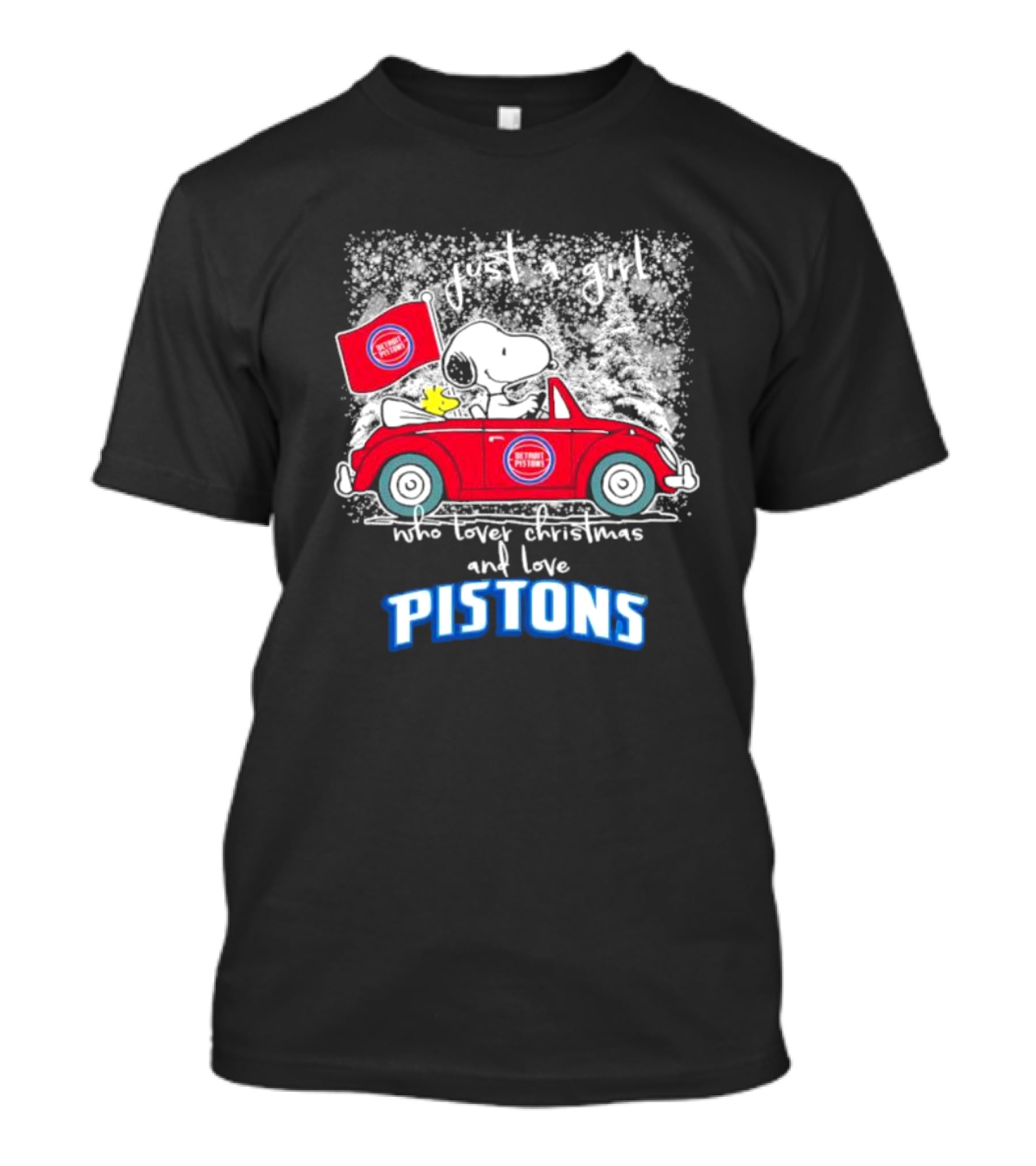Snoopy And Woodstock Just A Girl Who Loves Christmas And Detroit Pistons T-Shirt