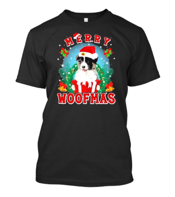 Merry Woofmas Australian Shepherd Dog In Santa Hat With Christmas Gift T-Shirt