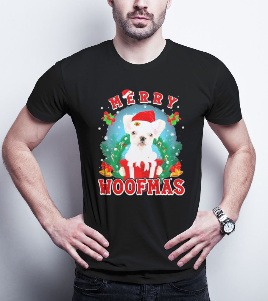 French Bulldog Merry Woofmas Holiday Joy Santa Hat Clematis Snow Christmas Wreath T-Shirt