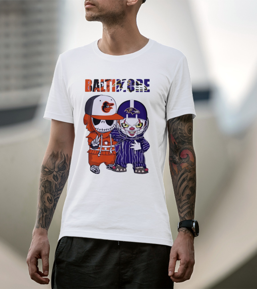 Baby Jack Skellington Pennywise Mashup Baltimore Orioles Ravens Halloween T-Shirt