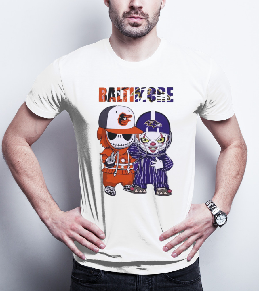 Baby Jack Skellington Pennywise Mashup Baltimore Orioles Ravens Halloween T-Shirt