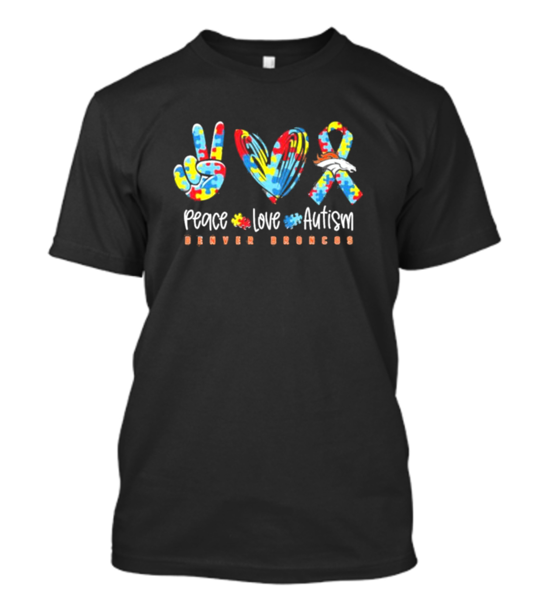 Peace Love Autism Denver Broncos NFL Logo Puzzle T-Shirt