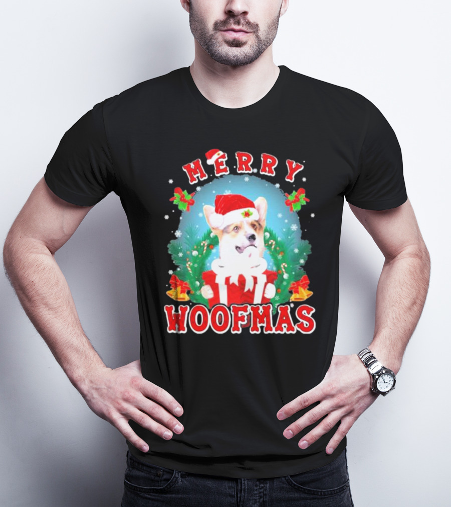 Merry Woofmas Welsh Corgi In Santa Hat With Presents And Christmas Decorations T-Shirt