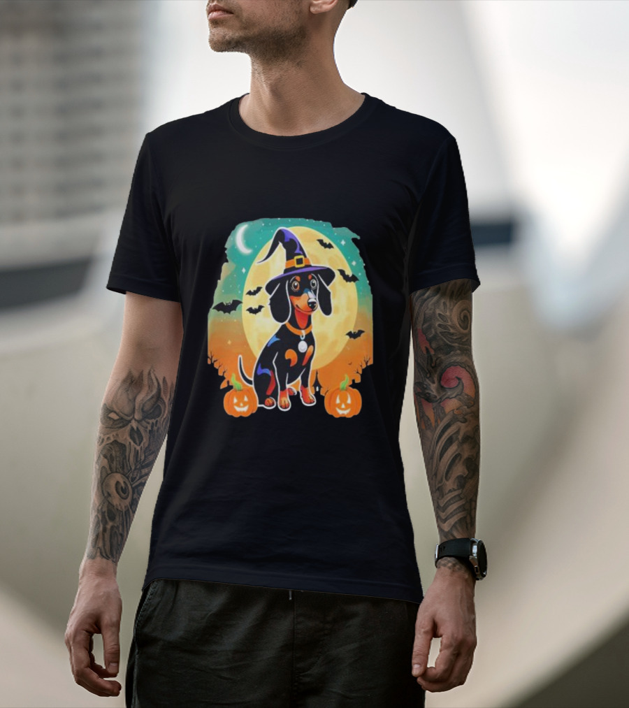 Dachshund Dog Witch Hat Moon Bats Pumpkins T-Shirt