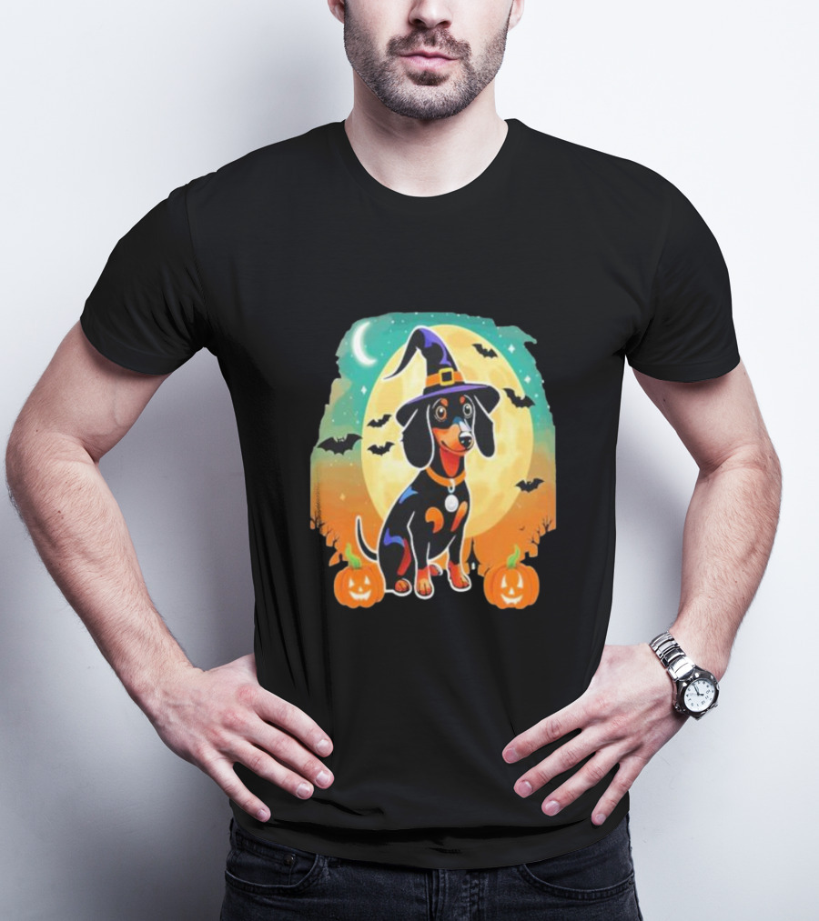 Dachshund Dog Witch Hat Moon Bats Pumpkins T-Shirt