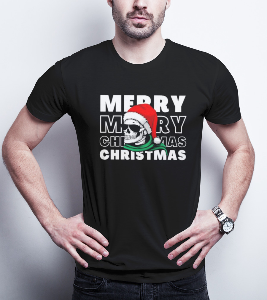 Merry Christmas Skull Santa Hat And Sunglasses T-Shirt