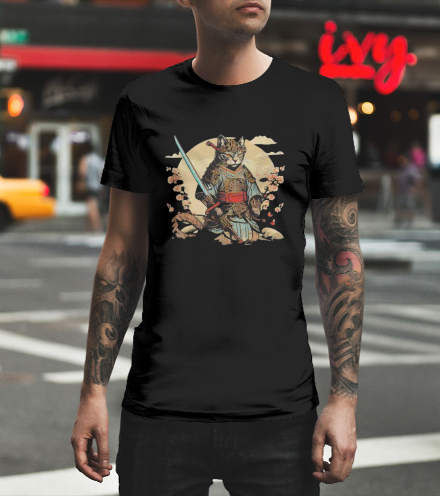 Samurai Cat Japanese Ninja Warrior Cherry Blossom Moon Warrior T-Shirt
