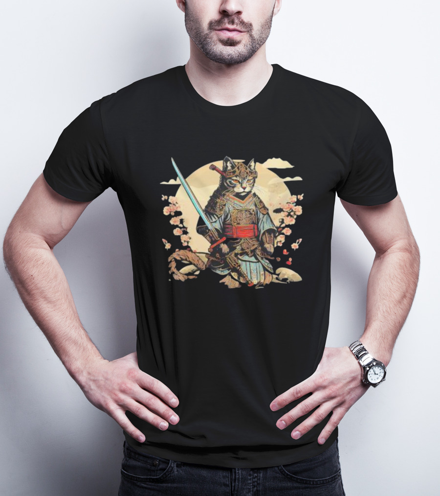 Samurai Cat Japanese Ninja Warrior Cherry Blossom Moon Warrior T-Shirt
