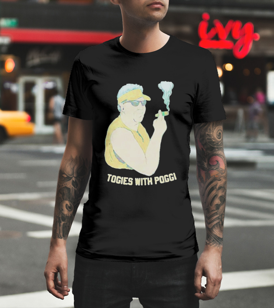 Stogies With Poggi Smoking Cigar Character In Sunglasses And Visor T-Shirt