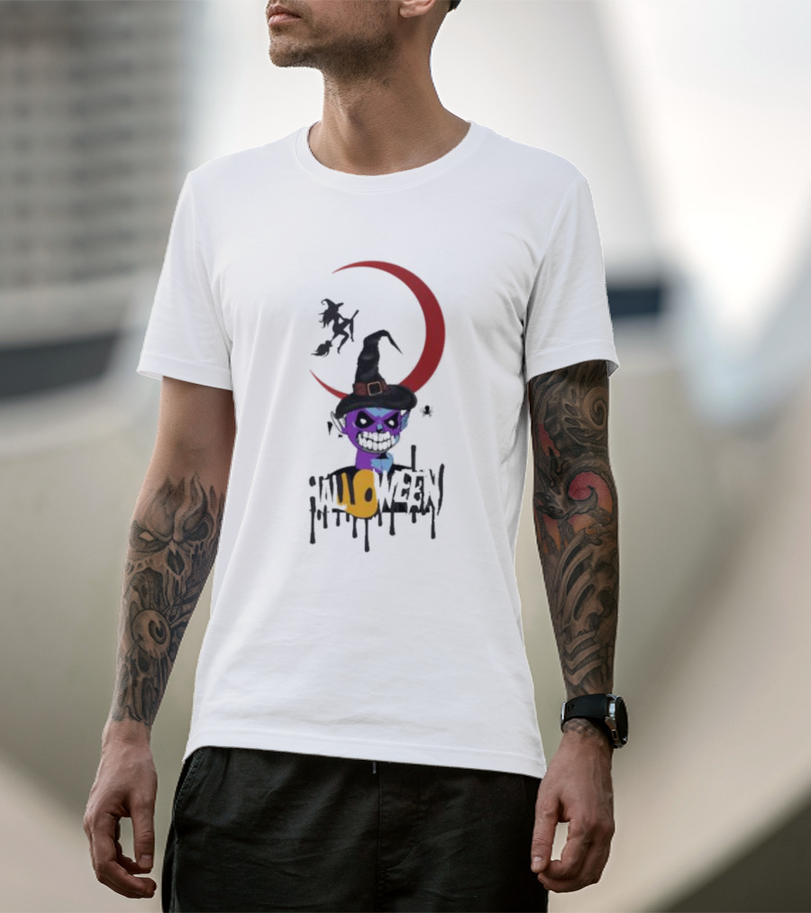 Witch Horror Halloween Blood Moon With Witch Hat And Skull T-Shirt
