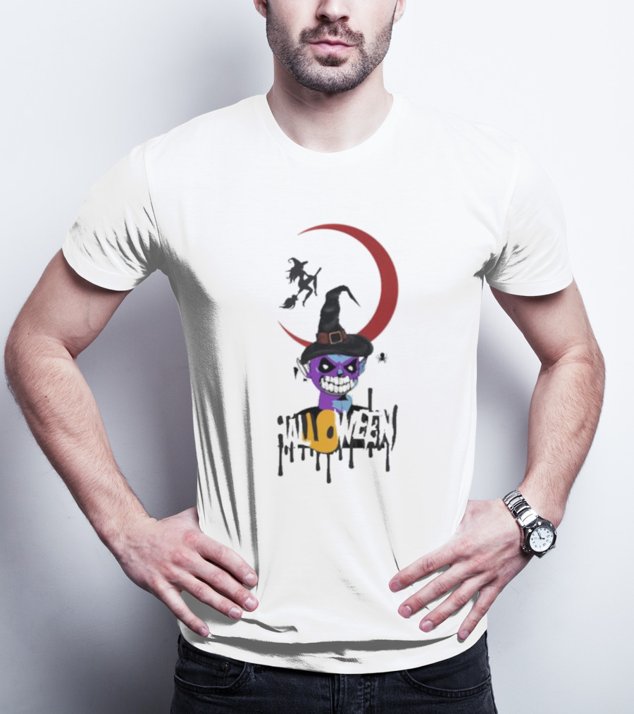 Witch Horror Halloween Blood Moon With Witch Hat And Skull T-Shirt