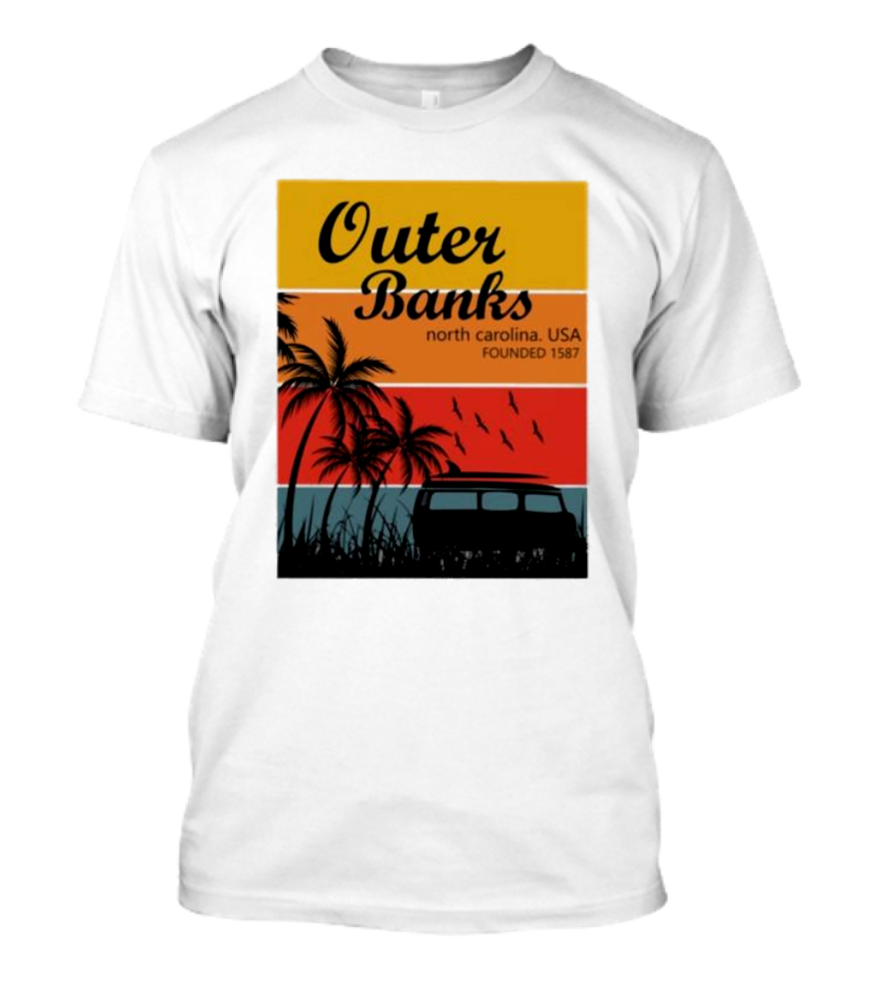 Outer Banks North Carolina USA Founded 1587 Vintage Car Beach Palm Trees T-Shirt