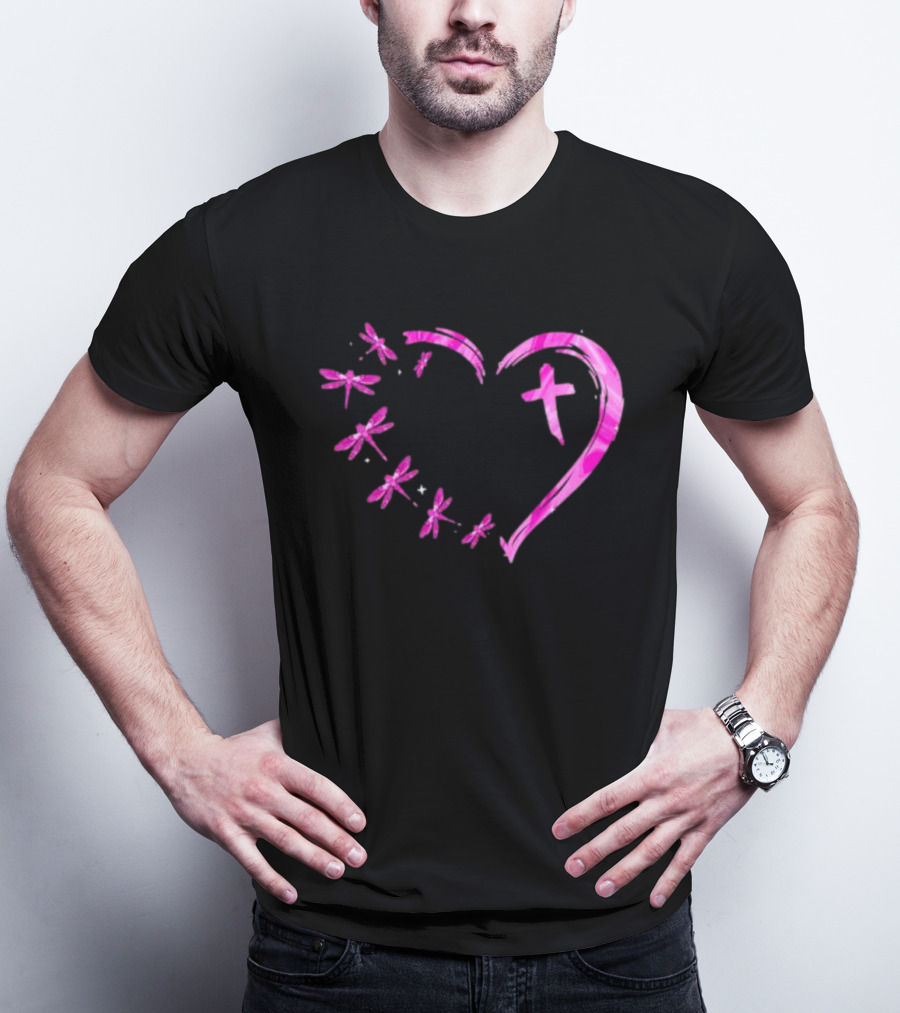 Dragonfly Pink Diamond Heart Cross Motif T-Shirt