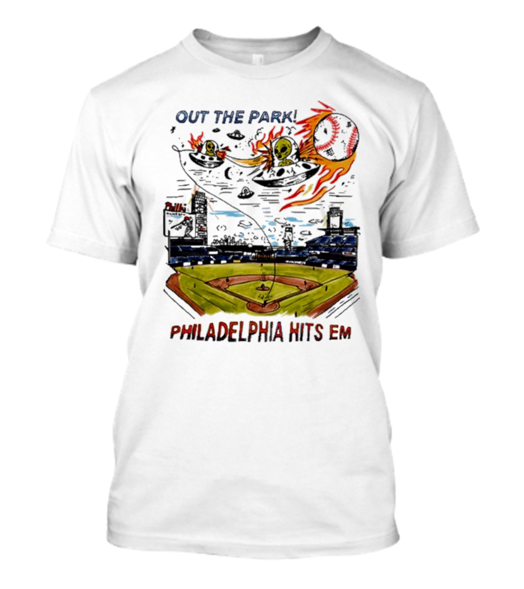 Out The Park Philadelphia Hits 'Em Alien Baseball Explosion T-Shirt