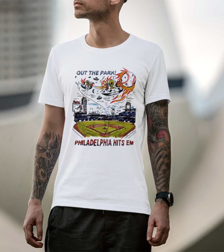 Out The Park Philadelphia Hits 'Em Alien Baseball Explosion T-Shirt