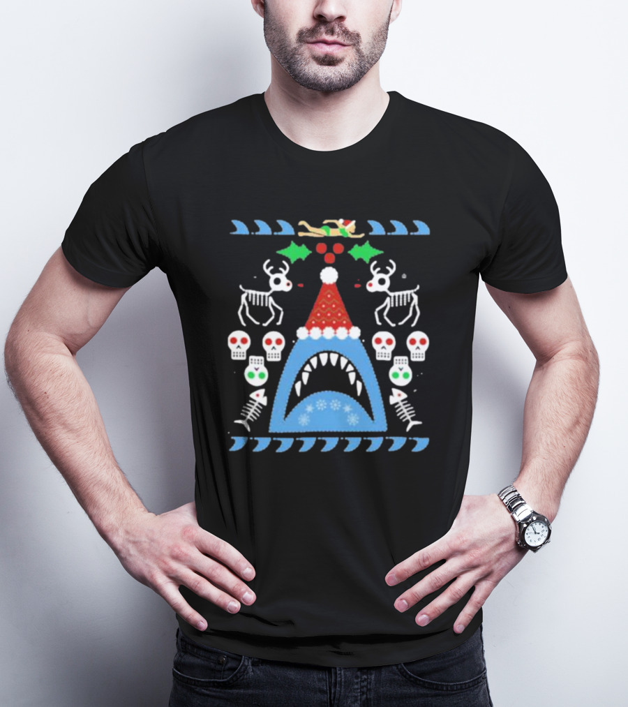 Santa Jaws Ugly Christmas Sweater With Shark, Skeleton Reindeer, And Skulls T-Shirt