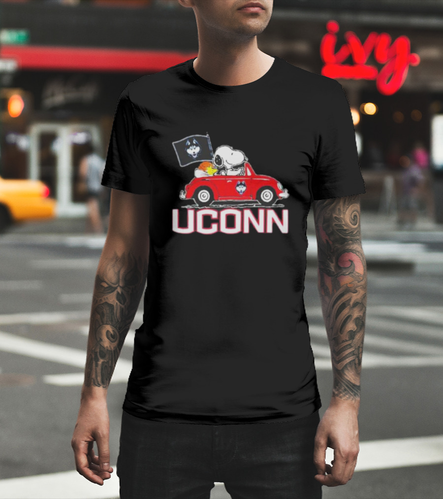 UCONN Huskies Snoopy And Woodstock Driving Red Car With Flag T-Shirt