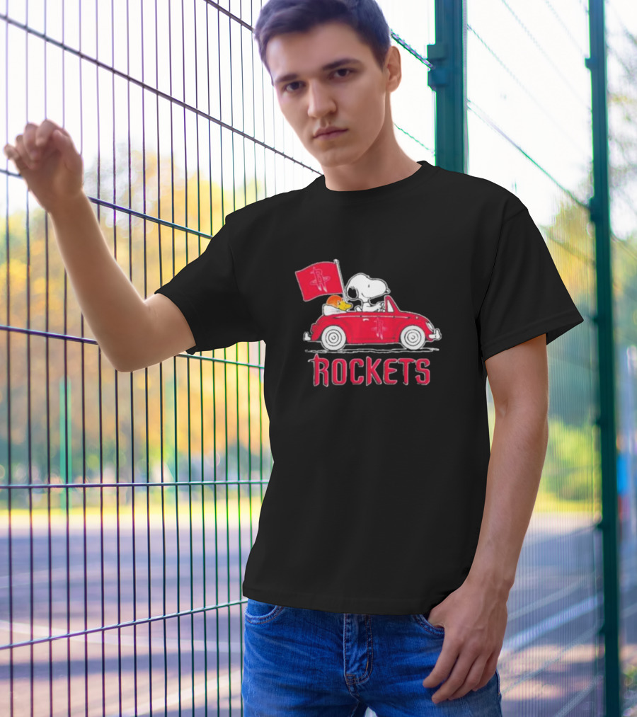 Houston Rockets Snoopy Dog Driving Red Car With Basketball Flag T-Shirt