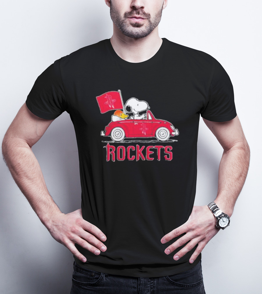 Houston Rockets Snoopy Dog Driving Red Car With Basketball Flag T-Shirt