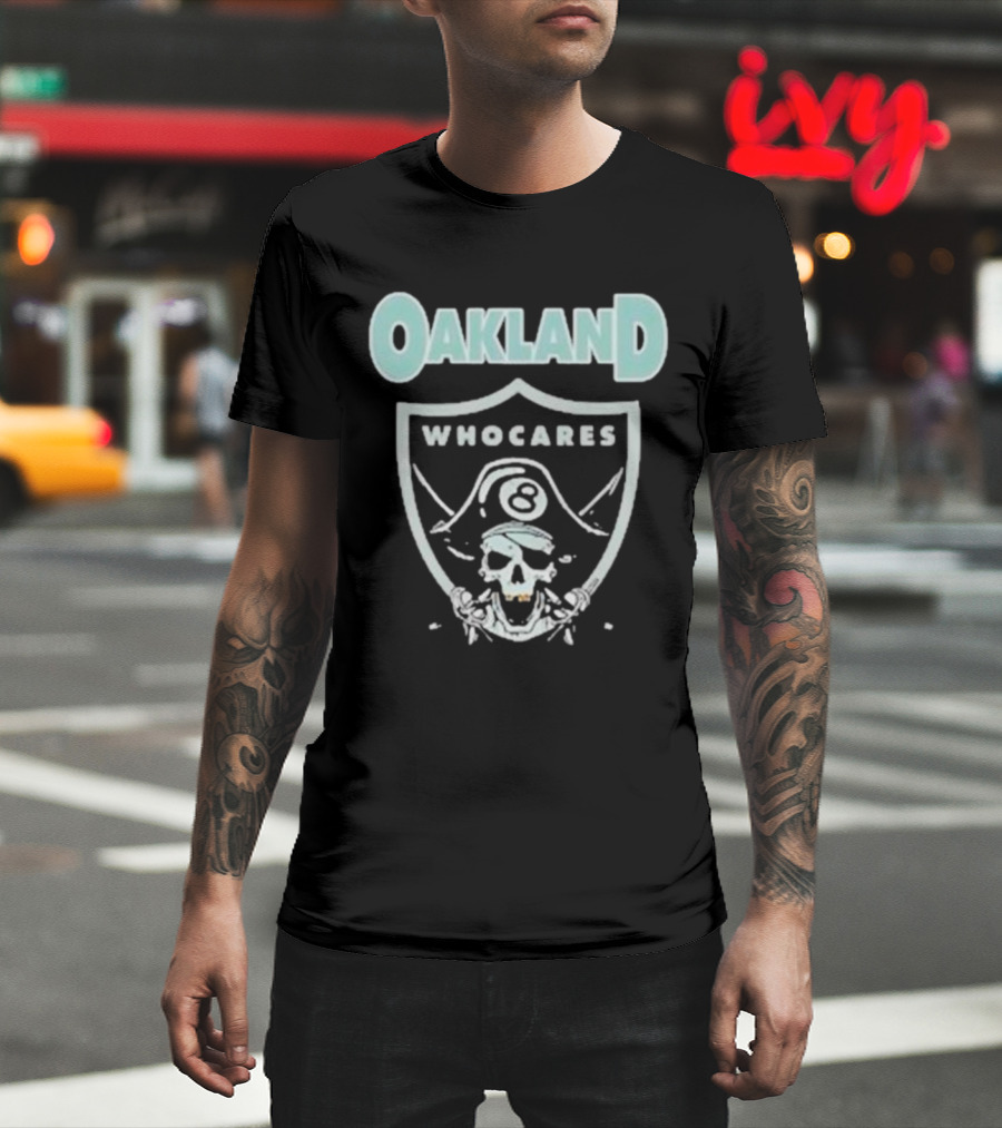 Oakland Who Cares 8 Pirate Skull Shield T-Shirt