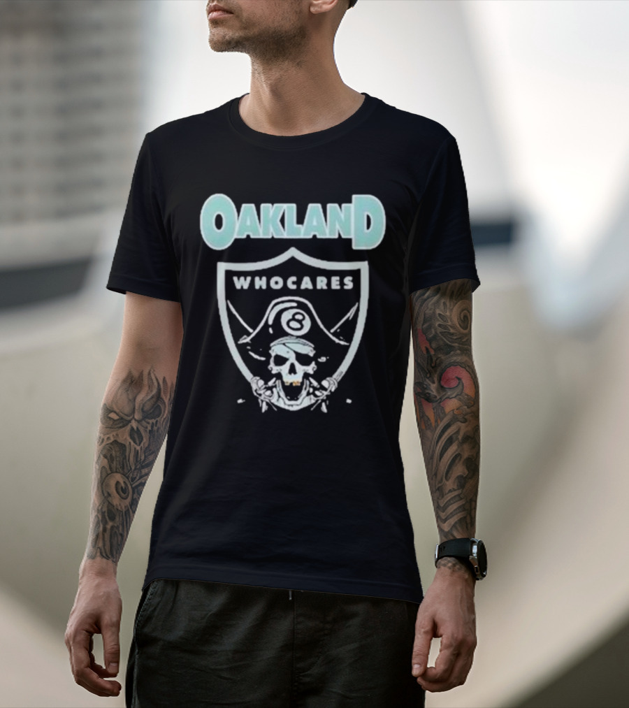 Oakland Who Cares 8 Pirate Skull Shield T-Shirt