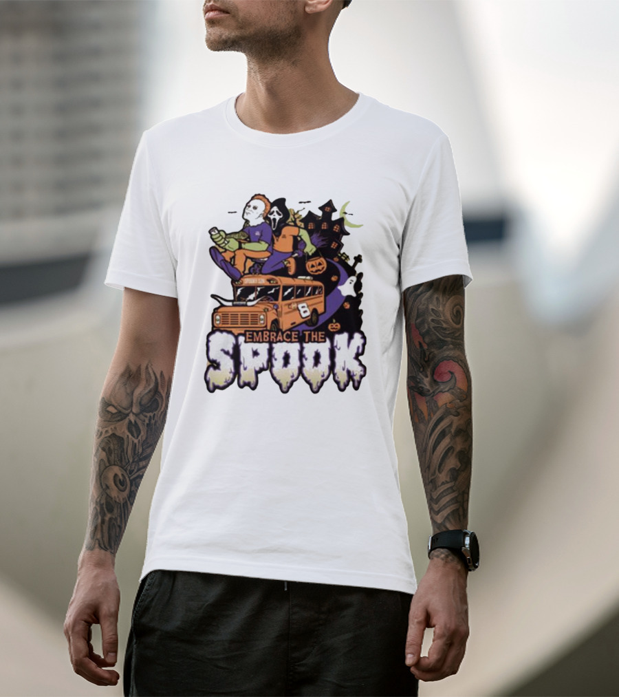 Embrace The Spook Bus With Horror Characters And Haunted House T-Shirt