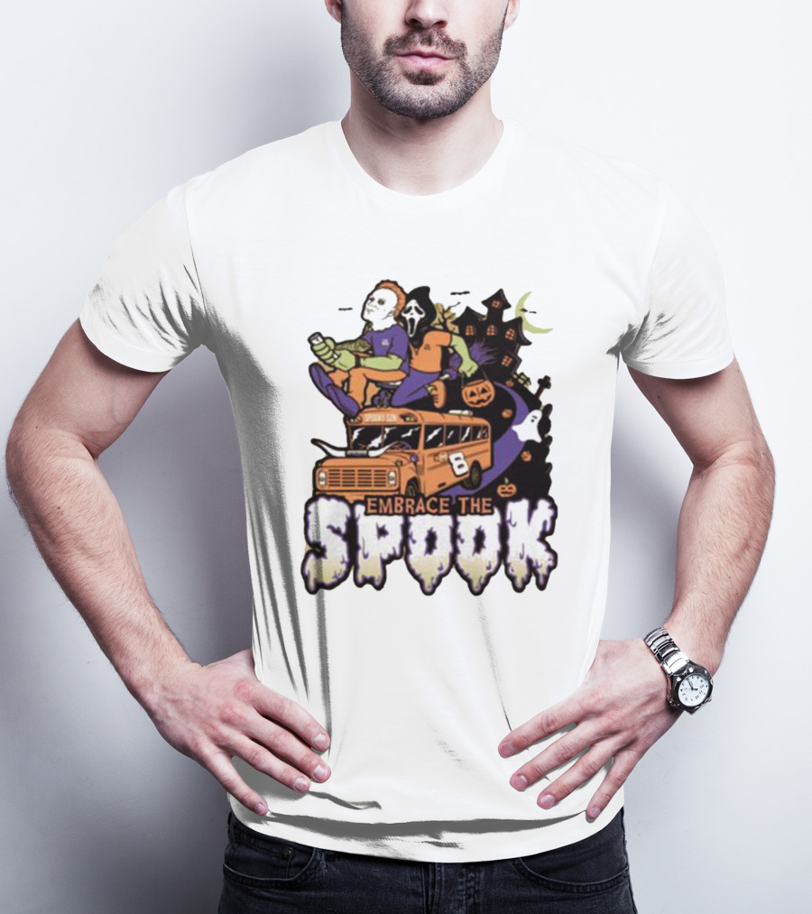 Embrace The Spook Bus With Horror Characters And Haunted House T-Shirt