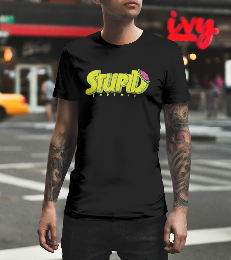 STUPID ENDEMIC Green Text With Brain Motif T-Shirt