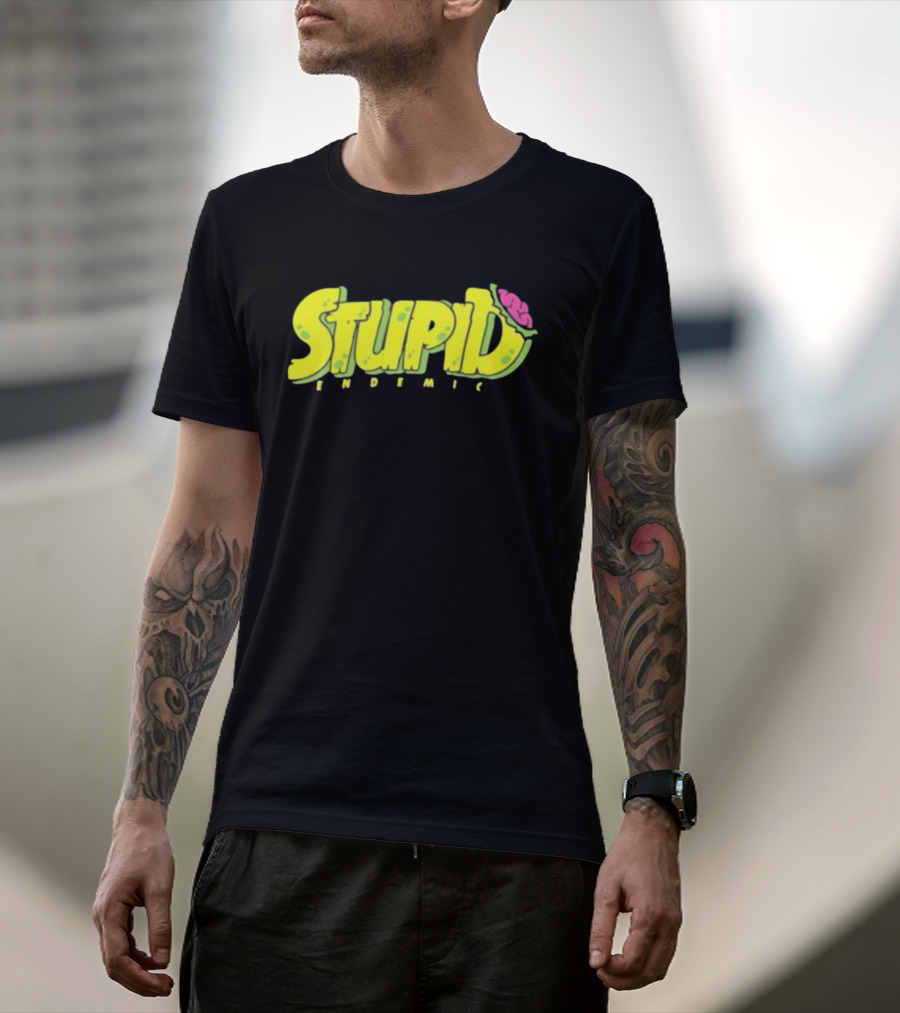 STUPID ENDEMIC Green Text With Brain Motif T-Shirt