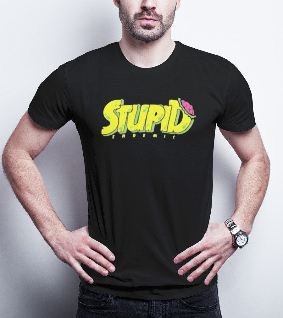 STUPID ENDEMIC Green Text With Brain Motif T-Shirt