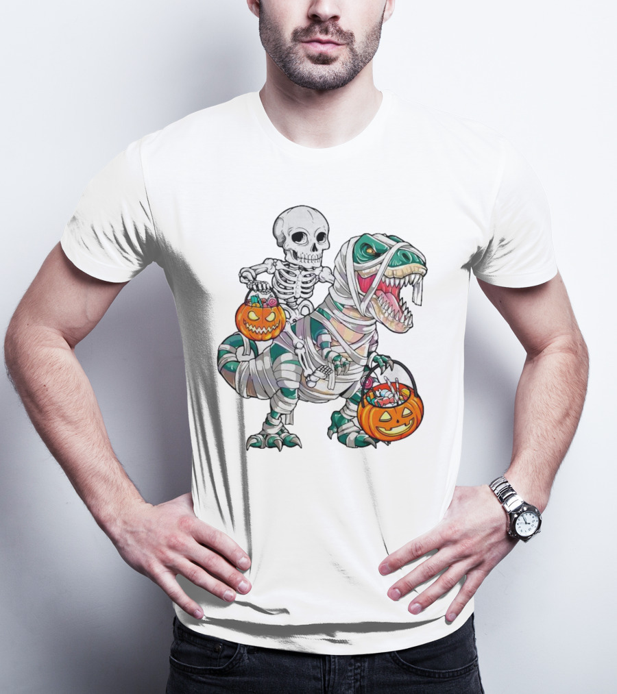 Spooky Saurus Rex Skeleton With Halloween Pumpkin Duo T-Shirt