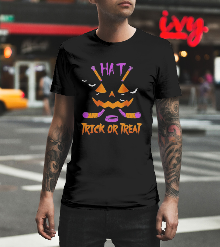 Hockey Hat Trick Or Treat Halloween Pumpkin With Hockey Sticks T-Shirt