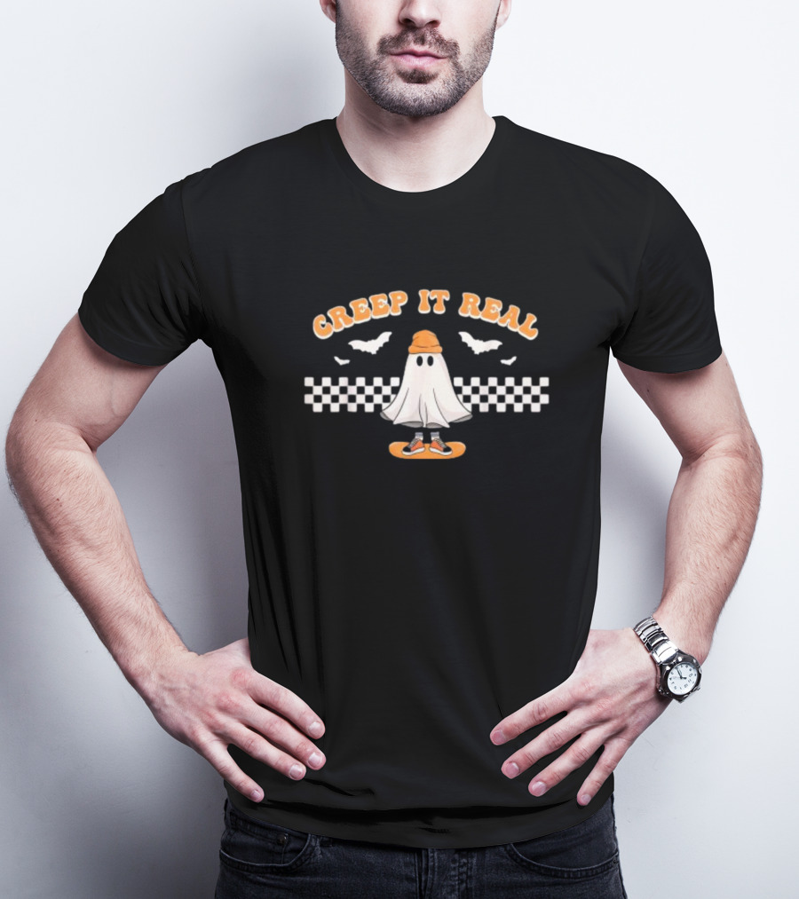 Creep It Real Ghost Skater Halloween Checkerboard Bats T-Shirt