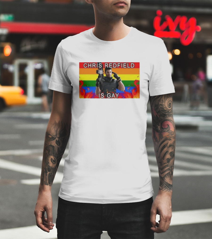 Chris Redfield Is Gay Rainbow Background Flames T-Shirt