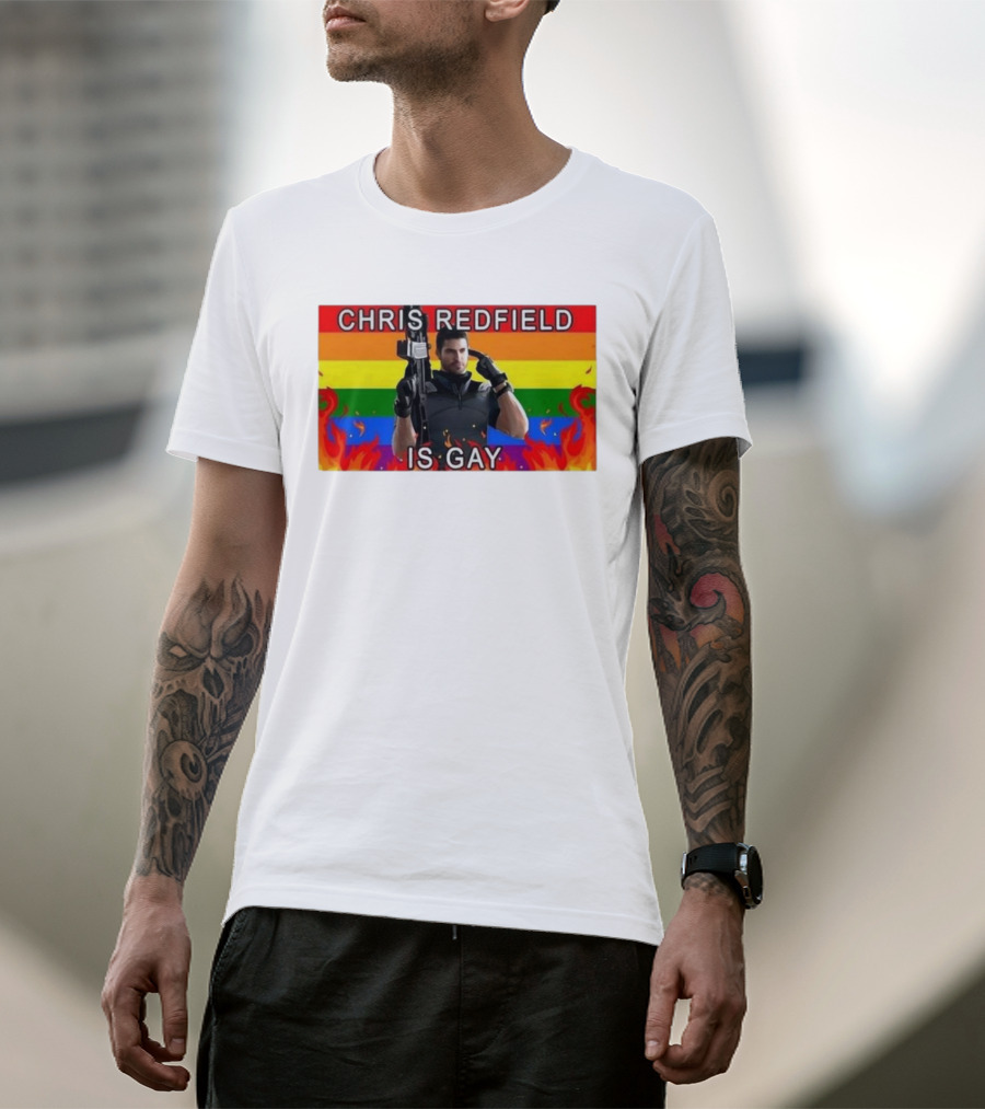 Chris Redfield Is Gay Rainbow Background Flames T-Shirt